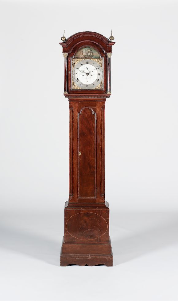 Bonhams : A late 18th century mahogany and boxwood strung long case clock with rocking ship ...