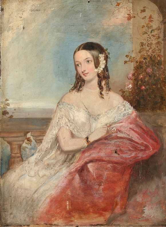 Bonhams : Circle of Alfred W. Elmore Portrait of a lady on terrace,