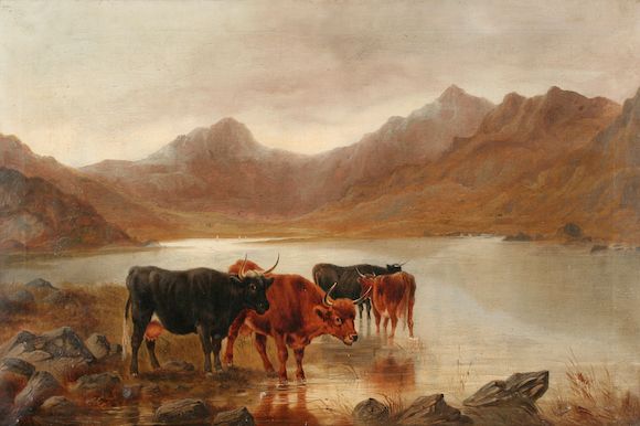Bonhams : William Perring Hollyer (British, 1834-1922) Cattle watering ...