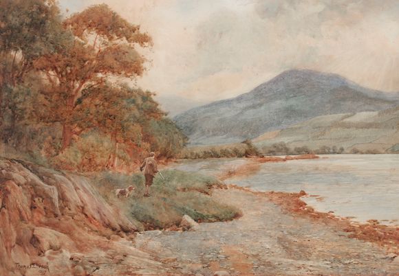 Bonhams : Thomas Ellison (British, born 1866) Man and dog at an estuary ...