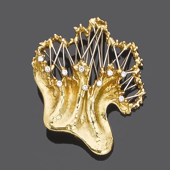 Bonhams : A gold and diamond abstract brooch, by David Thomas,