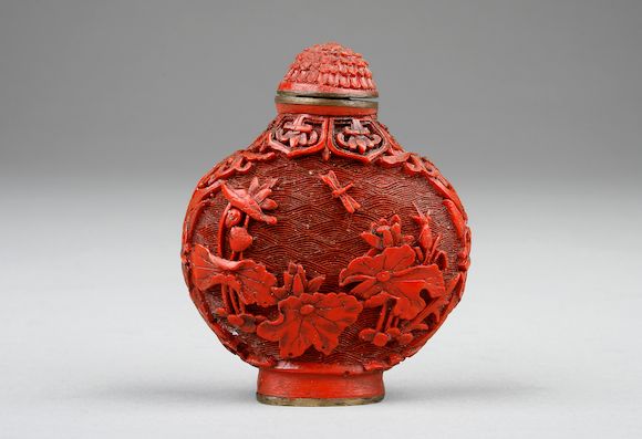 Bonhams : A red cinnabar lacquer scent bottleQianlong seal mark to the ...