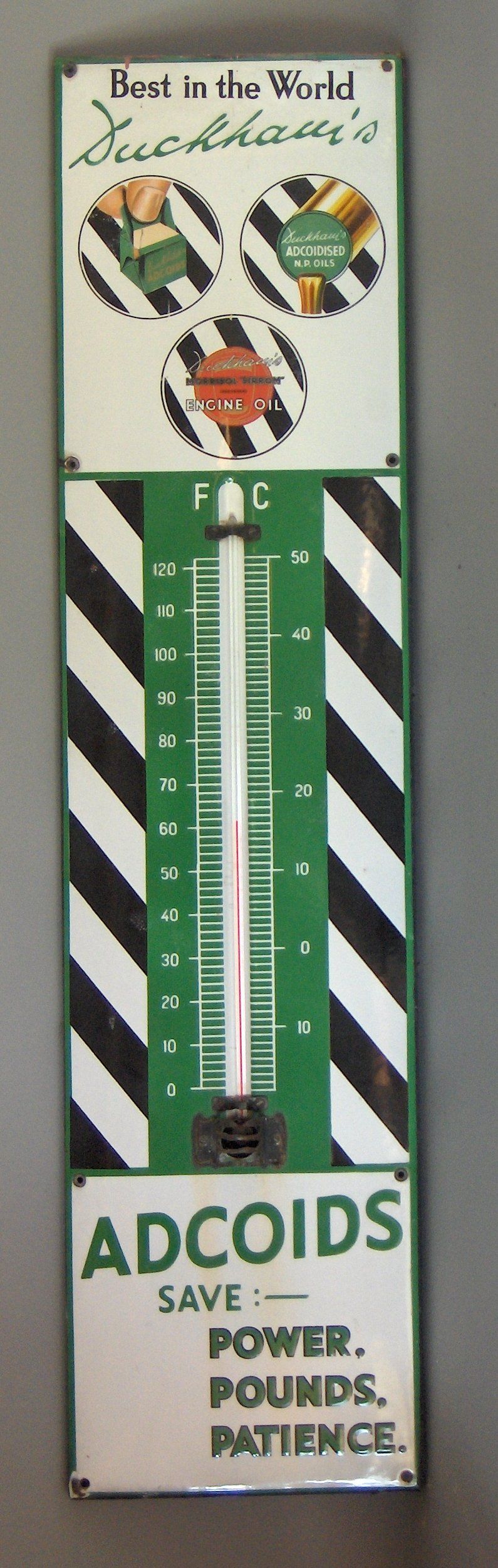 Bonhams Cars : A good Duckhams Adcoids enamel advertising thermometer,
