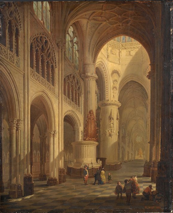 Bonhams : Bernard Neyt (Belgian, 1825-1880) Figures in a cathedral ...