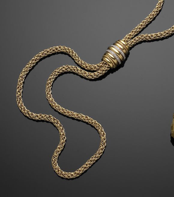 Bonhams : An 18ct gold long-chain and detachable diamond clasp, by ...