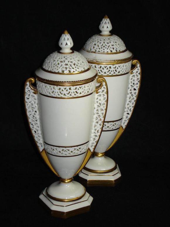 Bonhams : A pair of Grainger's Worcester reticulated pedestal vases ...