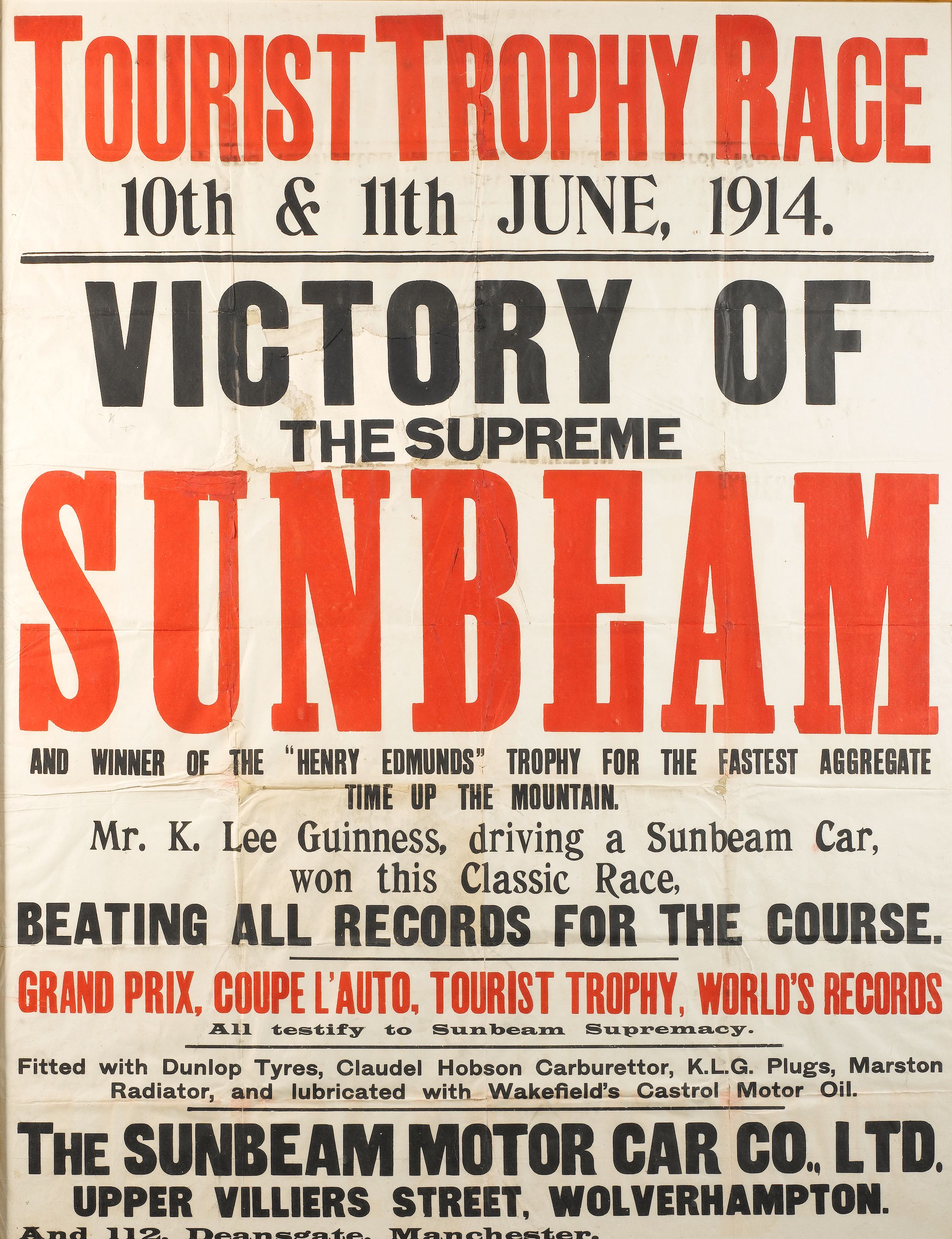 Bonhams Cars : A poster celebrating 'Victory of the Supreme Sunbeam' in ...