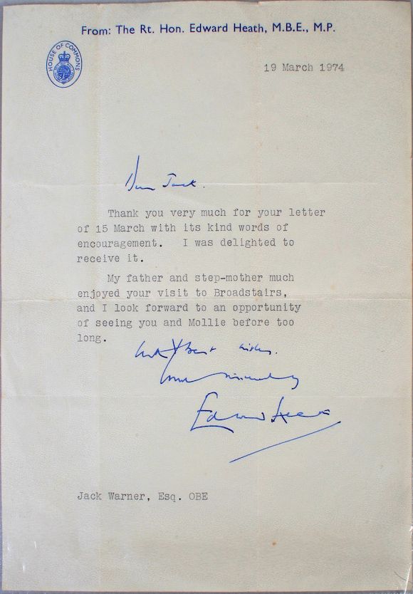 Bonhams : Autograph letter from Edward Heath to Jack Warner OBE