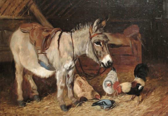 Bonhams : Arthur Batt (British, 1846-1911) Donkeys and chickens in a ...