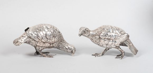 Bonhams : A pair of German silver grouse table decorations, Berthold ...
