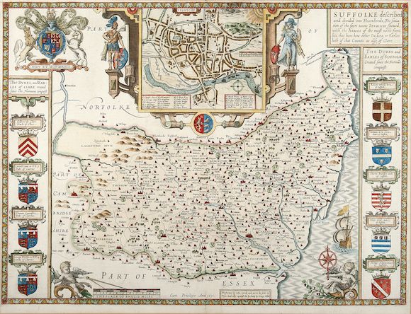 Bonhams : John Speed (British, 1552-1629) Suffolk a hand coloured ...