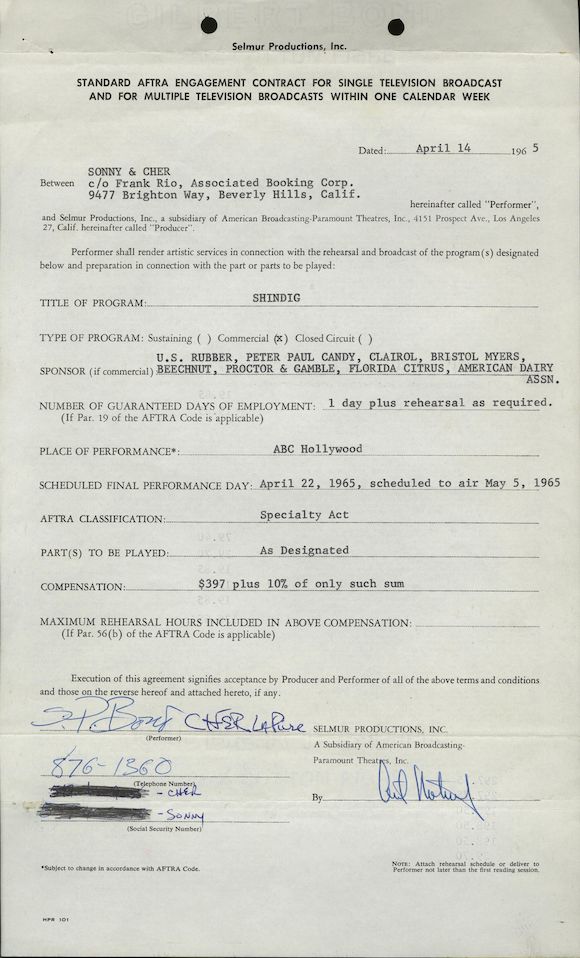 Bonhams : An early original Sonny & Cher signed "Shindig" contract ...