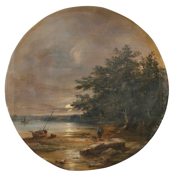 Bonhams : Robert Burrows (1819-1883) Figure on a shore by moonlight ...