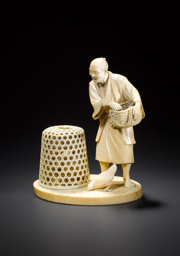 Bonhams : An ivory figure of a poulterer By Jyoso/Shizumune, Meiji Period