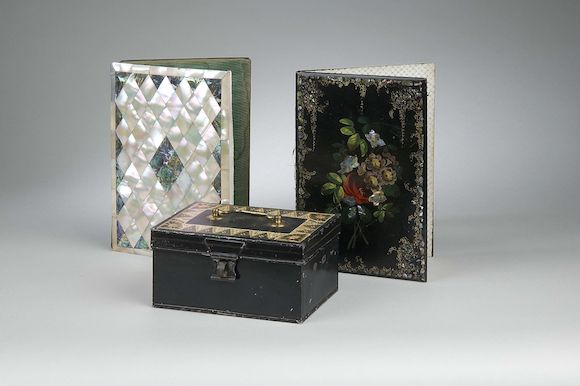 Bonhams : Two Victorian blotters and a toleware cash box.(3)