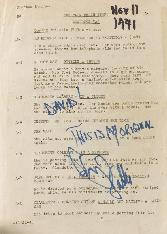 Bonhams : Rudy Vallée's script for the Preston Sturgis film 'The Palm ...