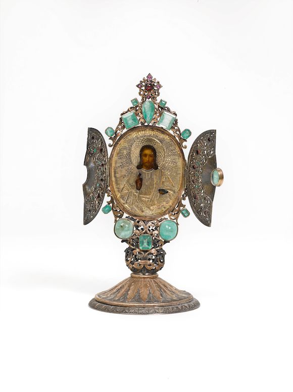 Bonhams : A jewelled icon on stand, 19th century height: 18 cm. (7 1/4 in.)