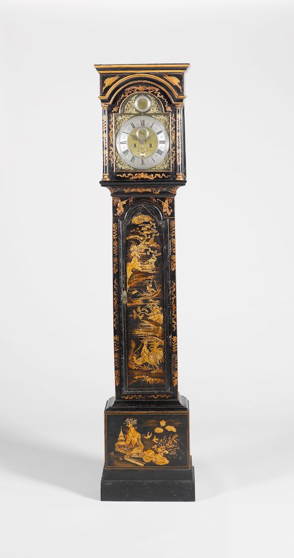 Bonhams : A mid 18th century lacquered longcase clock with rise and ...
