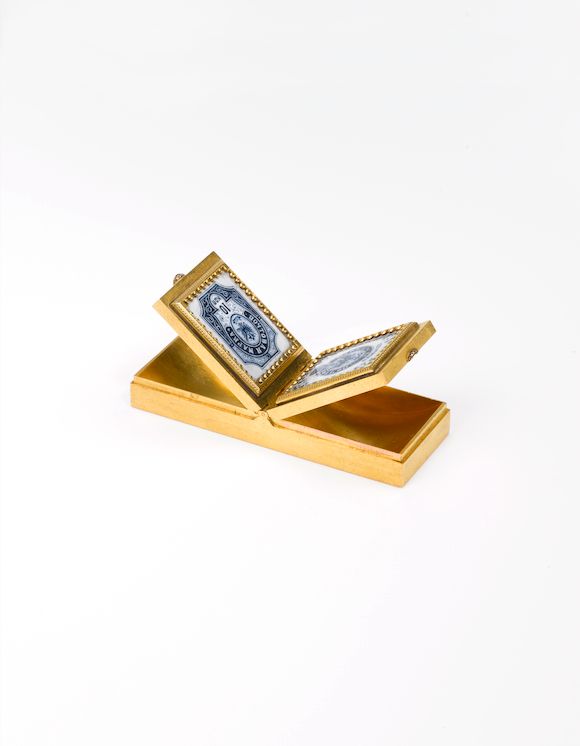 Bonhams : A Fabergé gold, enamel and jewelled stamp holder, Workmaster ...