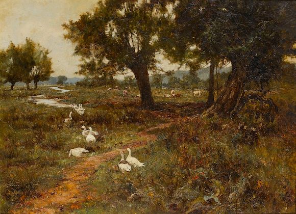 Bonhams : Edward Wilkins Waite (British, 1854-1924) Cattle and geese in ...