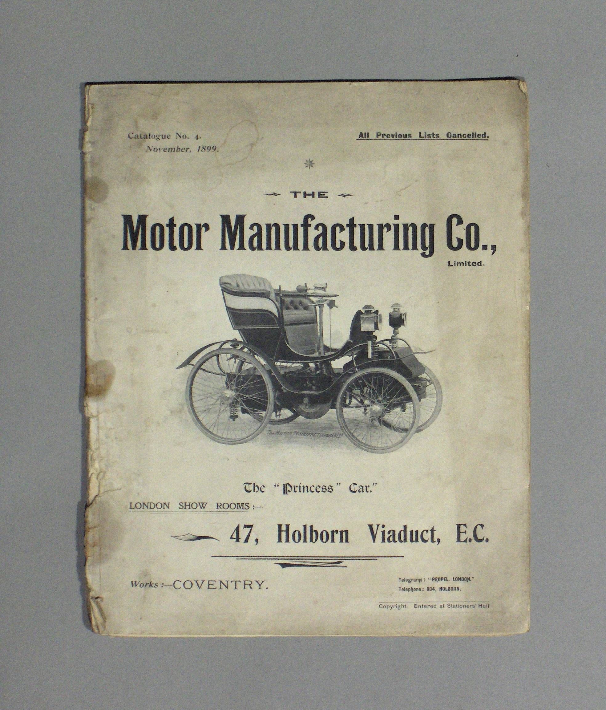 Bonhams Cars : A Motor Manufacturing Company sales brochure, 1899,