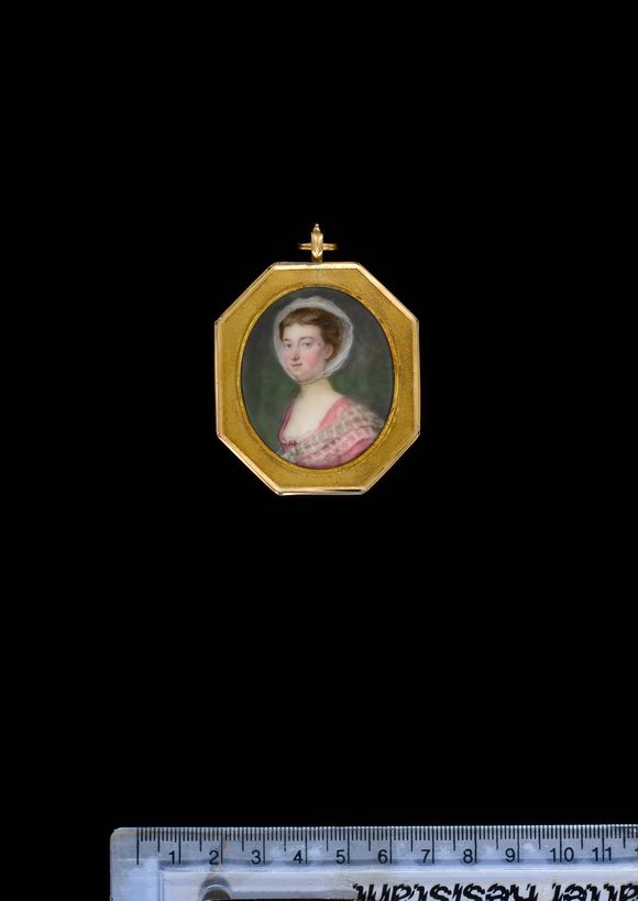 Bonhams : Circle of Pierre Pasquier (French, 1731-1806) A Lady, wearing pink dress with white ...