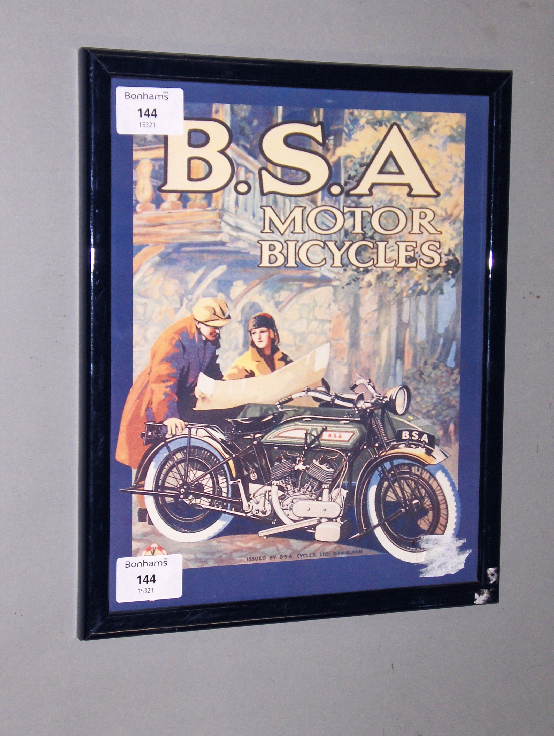 Bonhams Cars : A small BSA Motor Bicycles reproduction advertising poster,