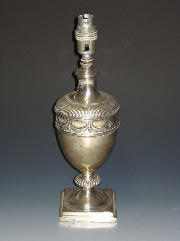 Bonhams : An Adam style vase shaped silver tablelamp Sheffield 1909,
