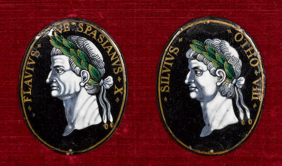 Bonhams : Two 17th century Limoges grisaille enamel oval plaques of Emperorscircle of Jacques I ...