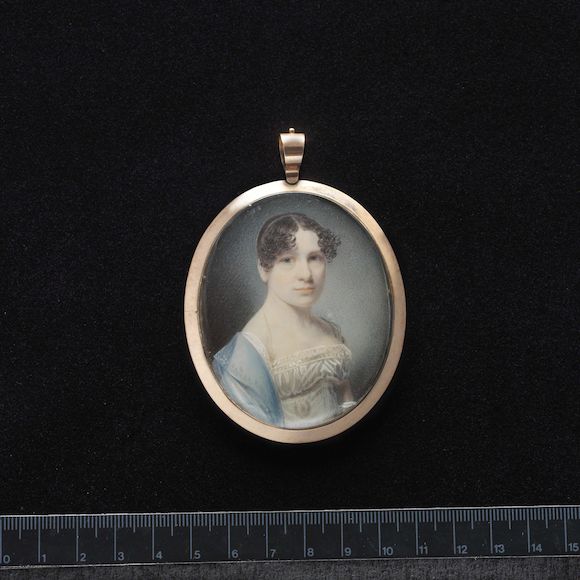 Bonhams : George Patten ARA (British, 1801-1855) A Lady, wearing white dress, pale blue shawl ...