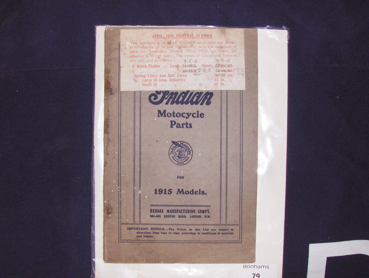 Bonhams Cars : A rare Indian Motorcycles parts catalogue, 1915,