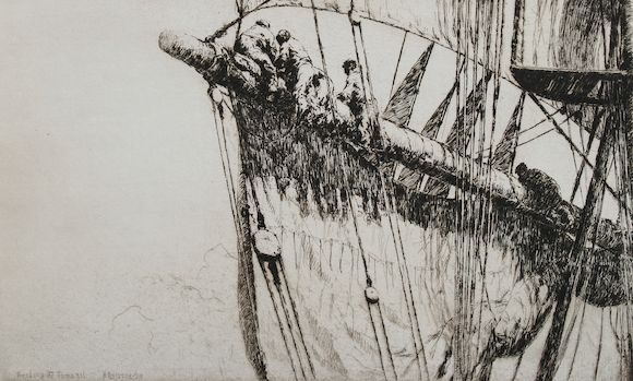 Bonhams : Arthur Briscoe (British, 1873-1943) 'Bending the foresail' 1928
