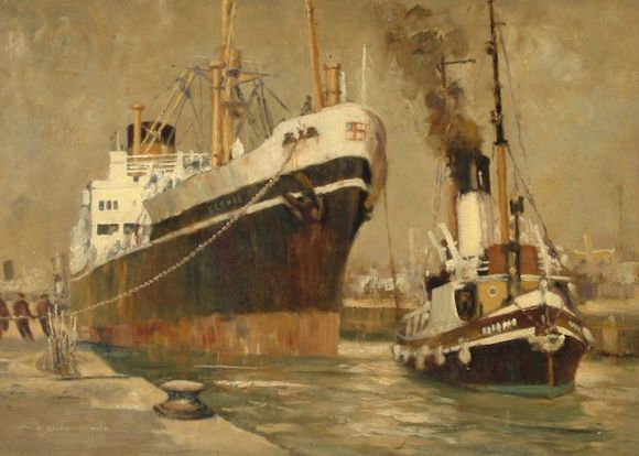 Bonhams : Allanson Hick (British, 1898-1975) A tug pulling in a steam ship
