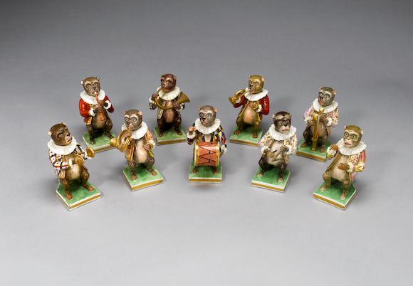 Bonhams : A rare nine-piece Derby monkey orchestra circa 1805-10