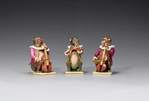 Bonhams : Three rare Derby models of monkey musicians circa 1805-10
