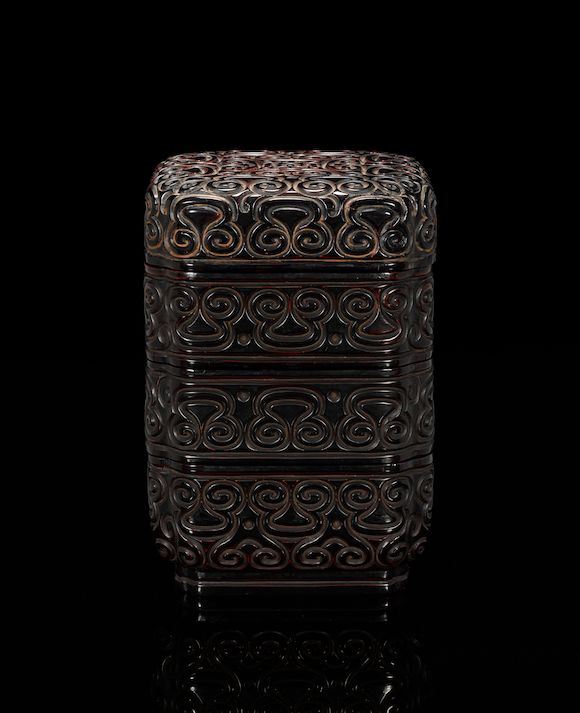 Bonhams : A carved tixi lacquer three-tiered box and cover Ming Dynasty ...