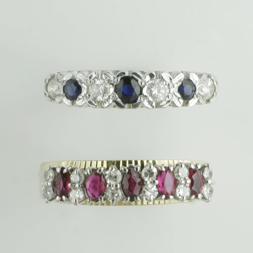 Bonhams : An 18ct white gold sapphire and diamond half hoop ring, (2)