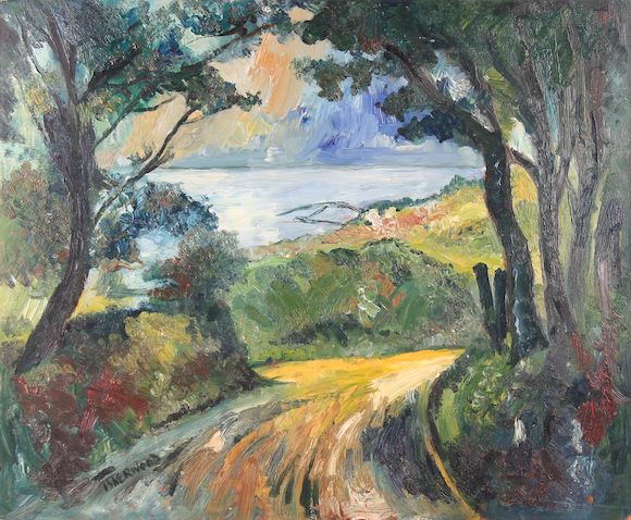 Bonhams : James Lawrence Isherwood (British, 1917-1988) River landscape with wooded path,