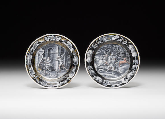 Bonhams : A Limoges grisaille and gilt enamel plate depicting the Month of April from the series ...