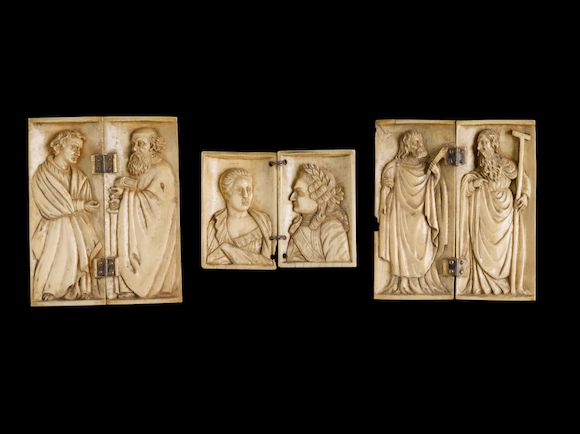 Bonhams : Three 19th century French carved ivory folding plaques