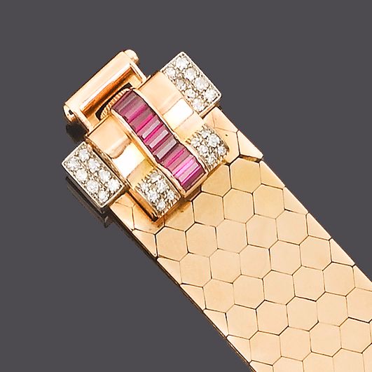 Bonhams : A gold, synthetic ruby and diamond bracelet watch, by Walser ...