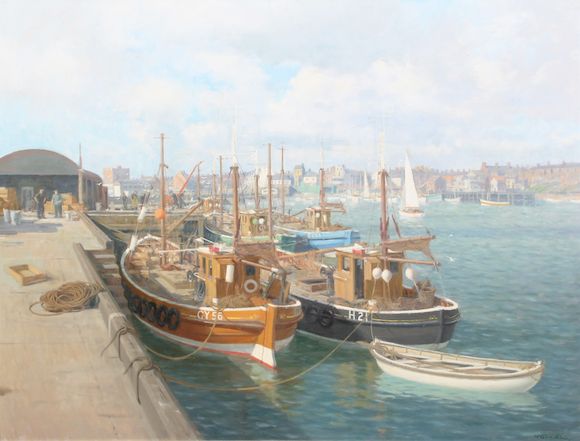 Bonhams : W** Gooden (British, 20th Century) Busy harbour scene 72 x 91cm.