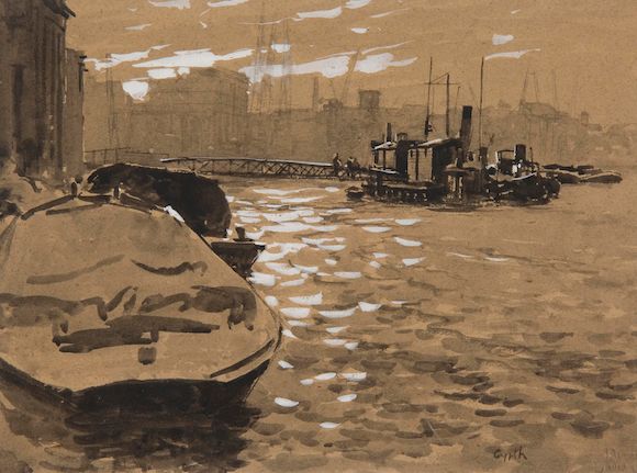 Bonhams : Gyrth Russell (Canadian, 1892-1970) Town river scene with barges,