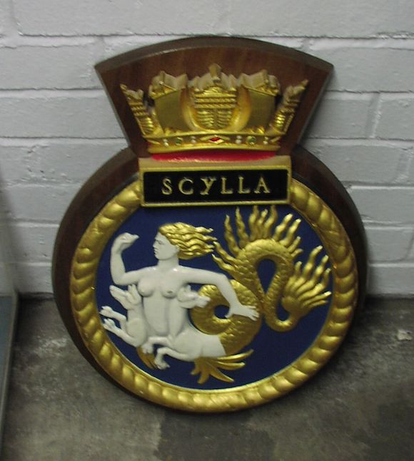Bonhams : A ship's badge, HMS 'Scylla' F71 14in(23cm)diam.