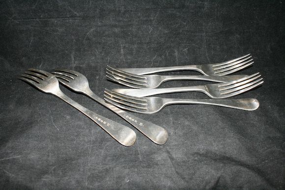 Bonhams : A set of six George III Old English pattern table forks by ...