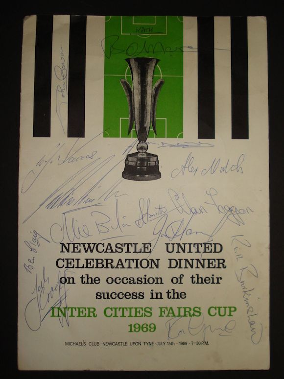 Bonhams : 1969 Newcastle United Fairs Cup victory celebration signed menu