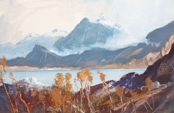 Bonhams : Cecil Arthur Hunt (British, 1873-1965) Alpine view in autumn