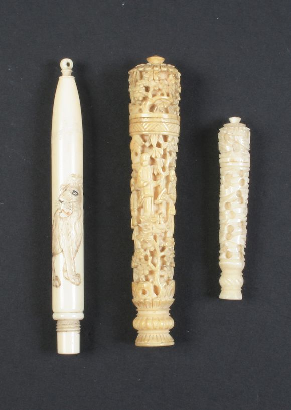 Bonhams : Two Chinese carved ivory needlecases and a Japanese carved ...