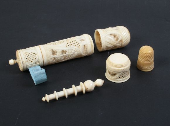 Bonhams : A good French ivory combination needlecase, tape measure and ...