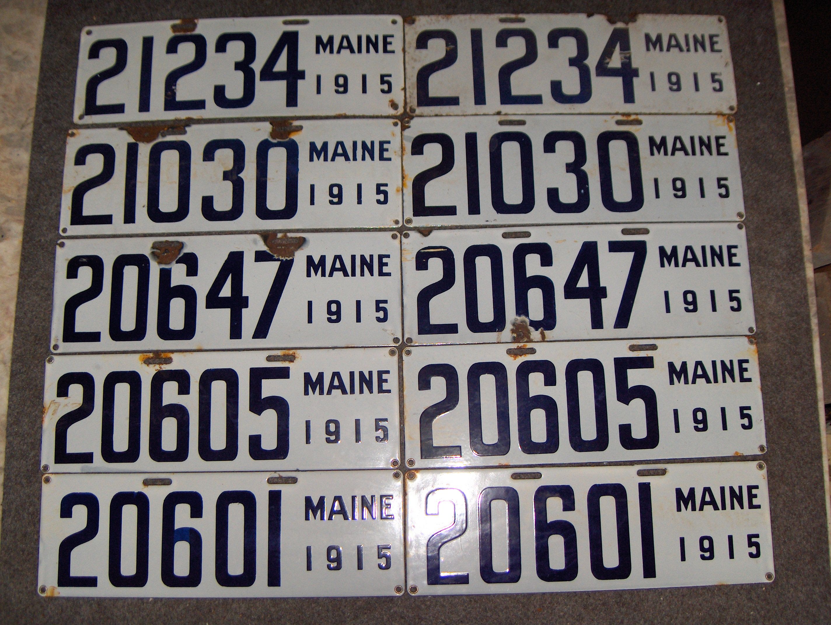 Bonhams Cars : Five pairs of 1915 porcelain enamel Maine license plates,,